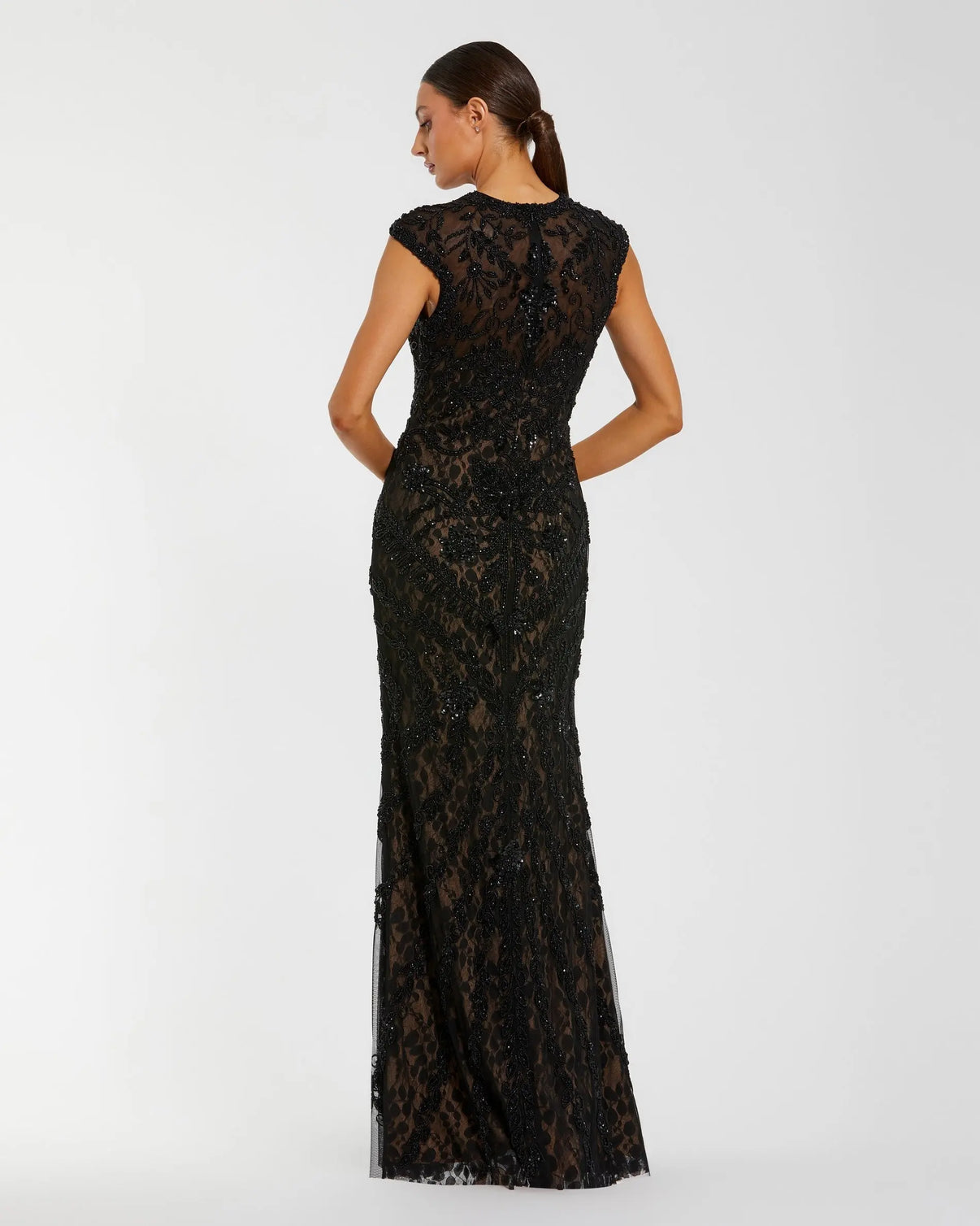 Black Embellished Lace Cap Sleeve Evening Gown | Mac Duggal