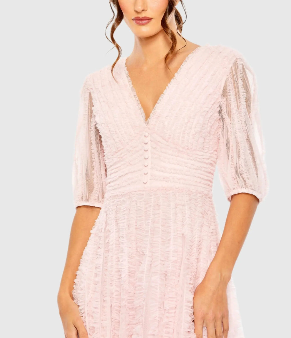 V Neck Puff Sleeve Ruffle Tiered A Line Gown - Mac Duggal