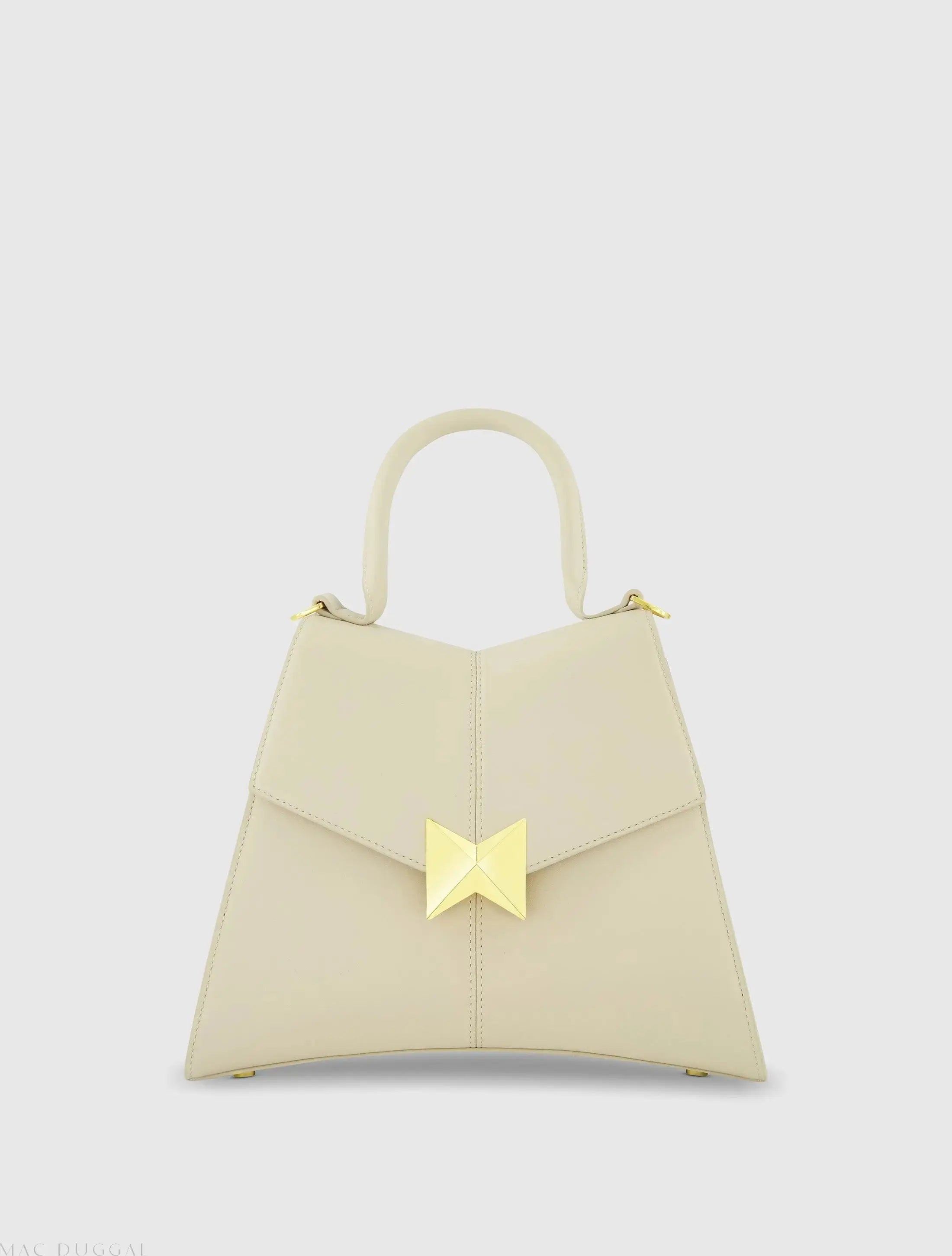 White Medium Angular Leather Handbag With Gold Hardware | Mac Duggal