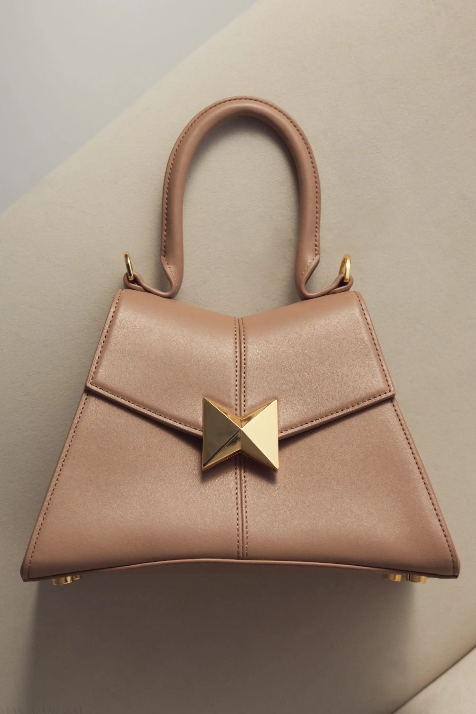 Brown Angular Small Leather Handbag With Gold Hardware | Mac Duggal
