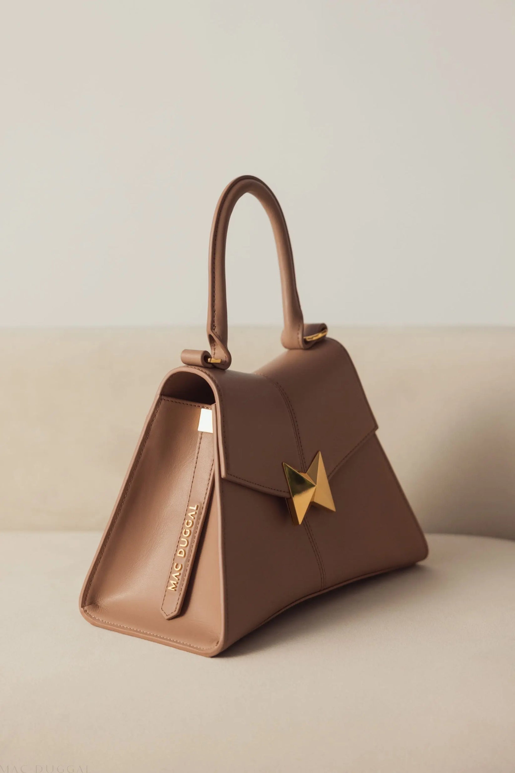 Brown Angular Small Leather Handbag With Gold Hardware | Mac Duggal