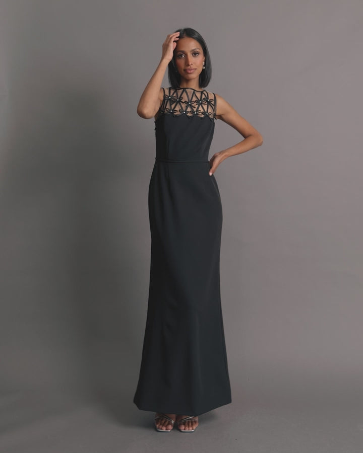 Black Sleeveless Crepe Gown With Embellished Bows | Mac Duggal