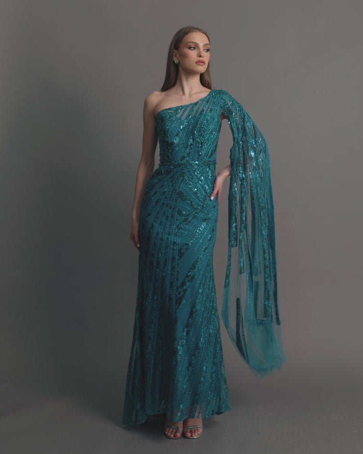 One Shoulder Cape Sleeve Embellished Dress – Mac Duggal
