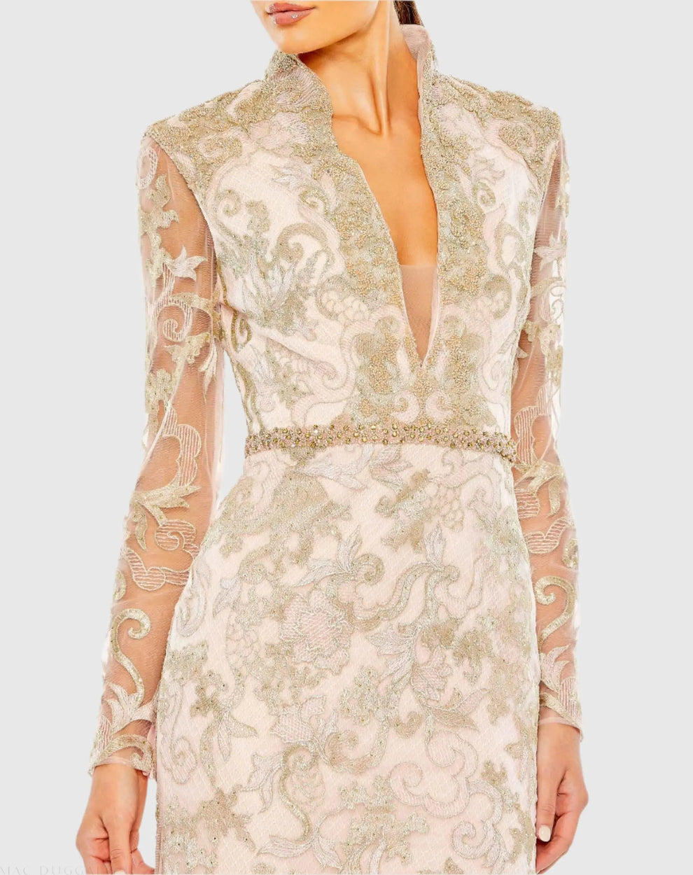 Blush Pink Queen Anne Lace Long Sleeve V-Neck Trumpet Gown - Mac – Mac ...