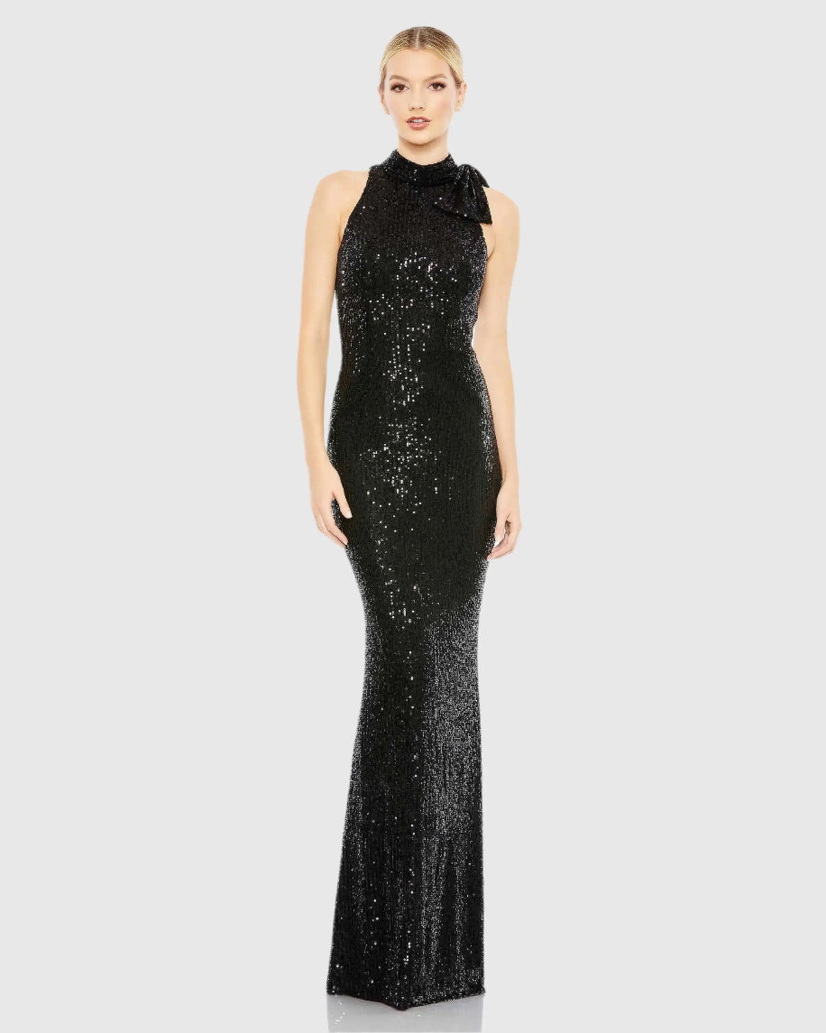 Black Soft Tie Halter Neck Sequin Gown | Mac Duggal
