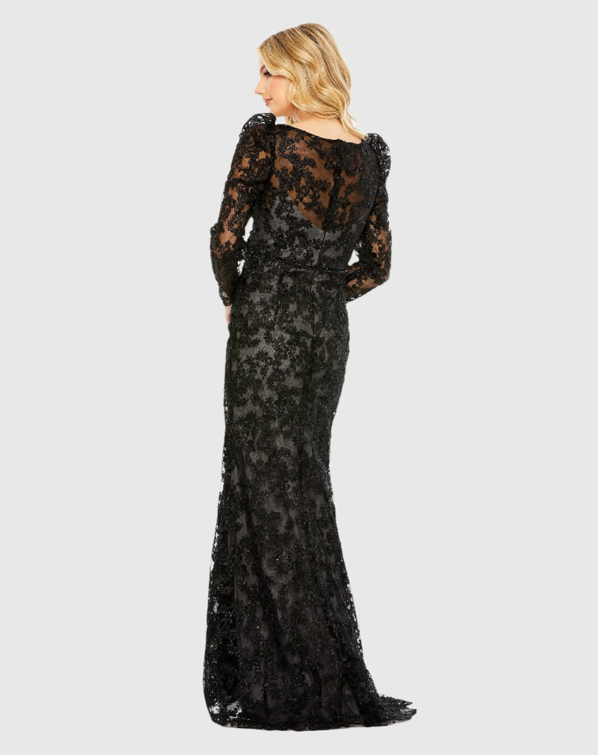 Black Embroidered Lace Puff Sleeve Wrap Over Gown - Mac Duggal