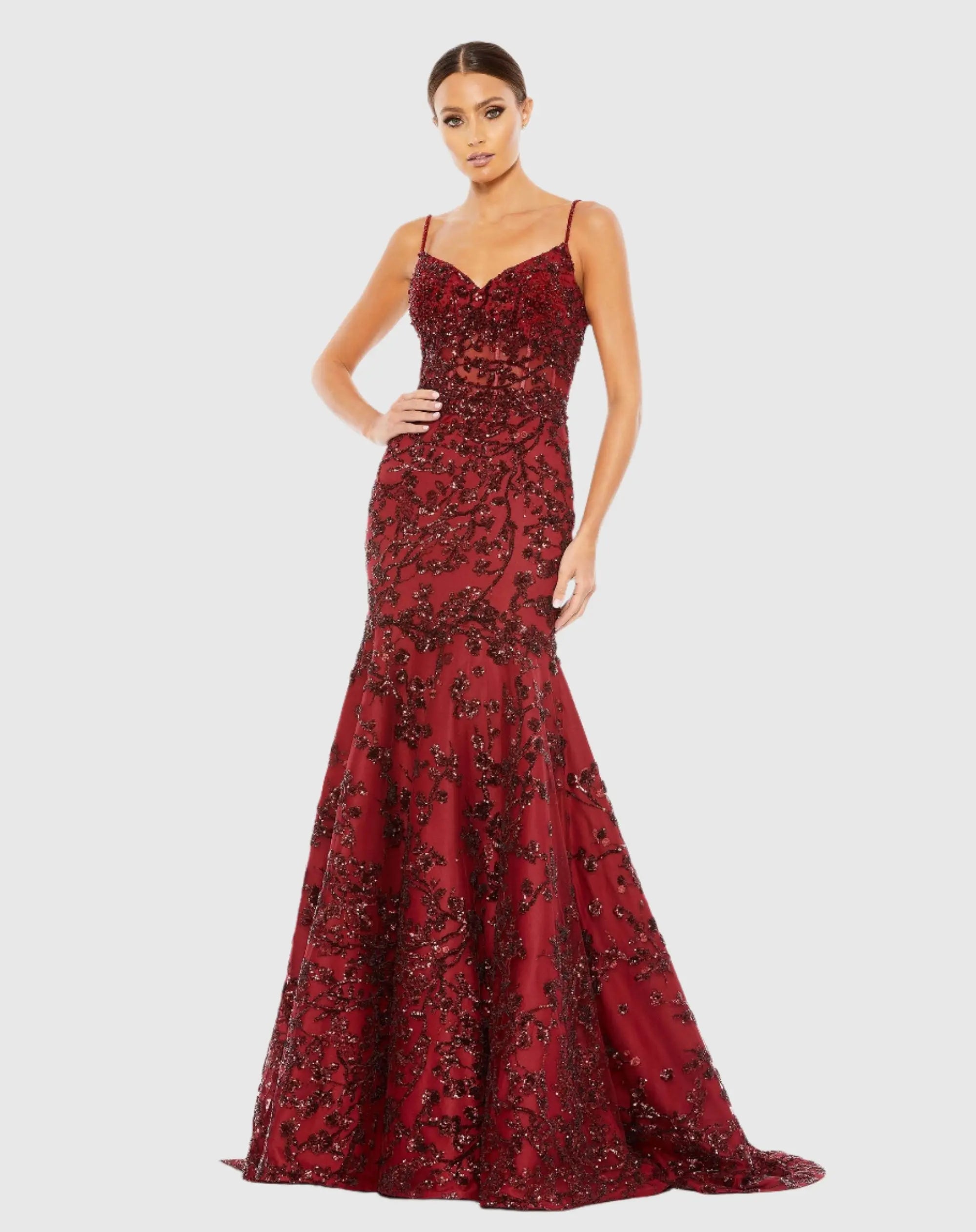 Red Sequined Illusion Corset Trumpet Gown | Mac Duggal