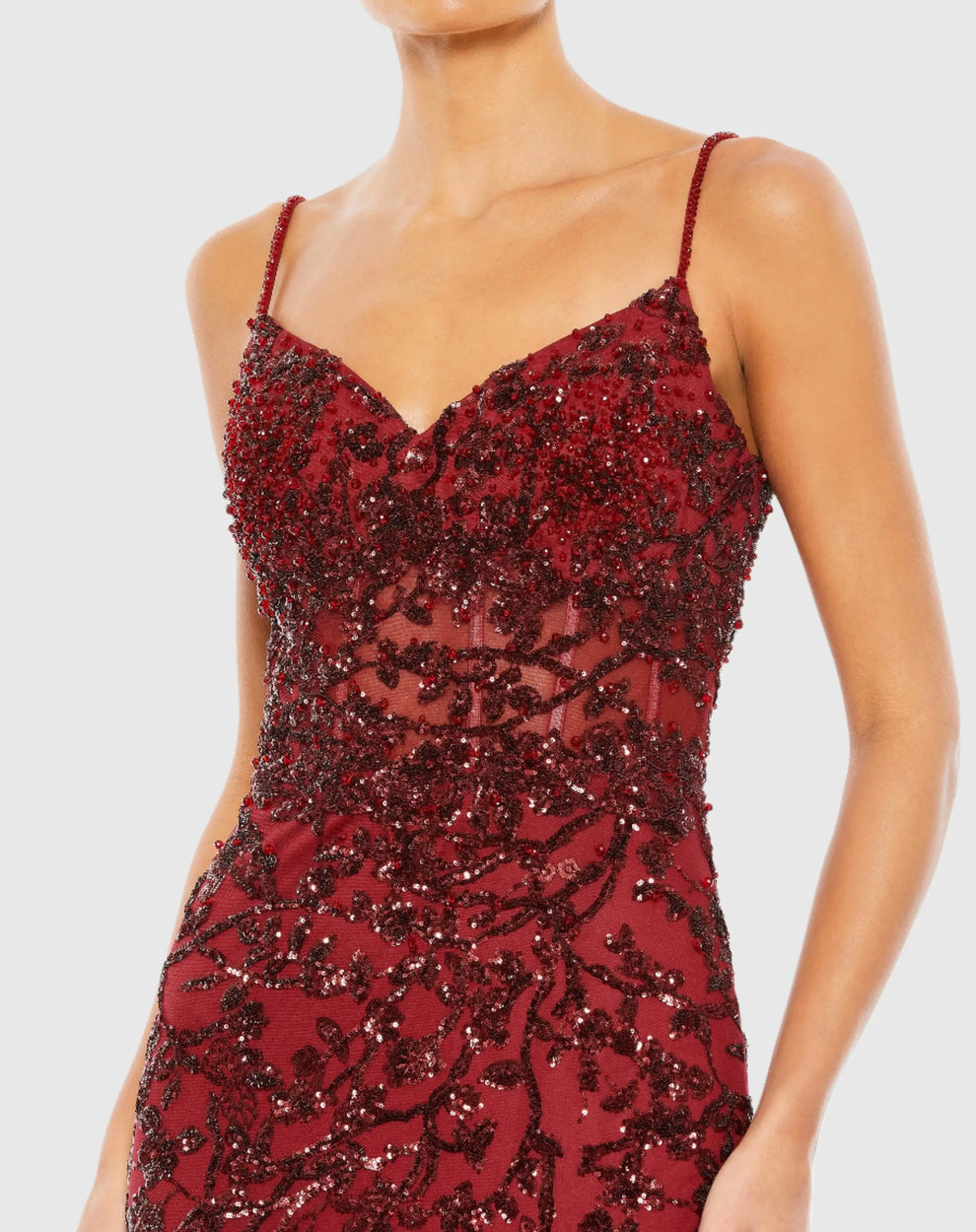 Red Sequined Illusion Corset Trumpet Gown | Mac Duggal