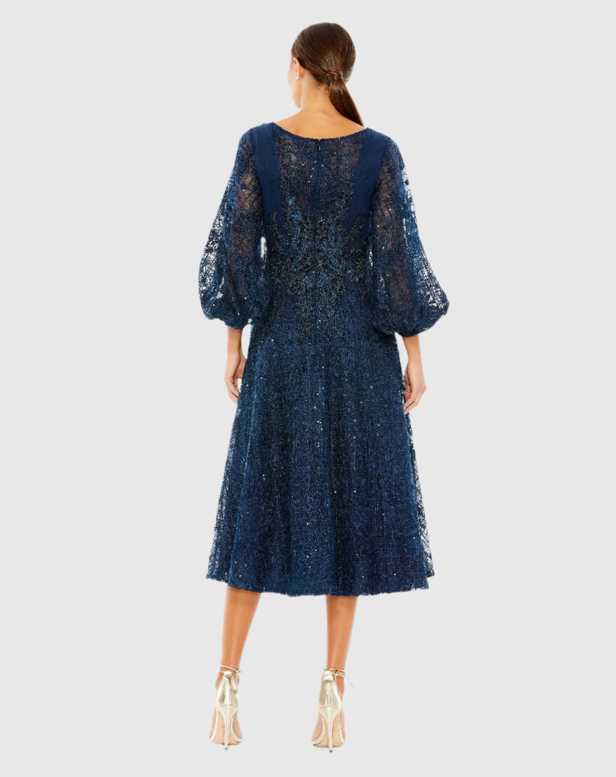 Blue Embellished Plunge Neck Bishop Sleeve Dress - Mac Duggal