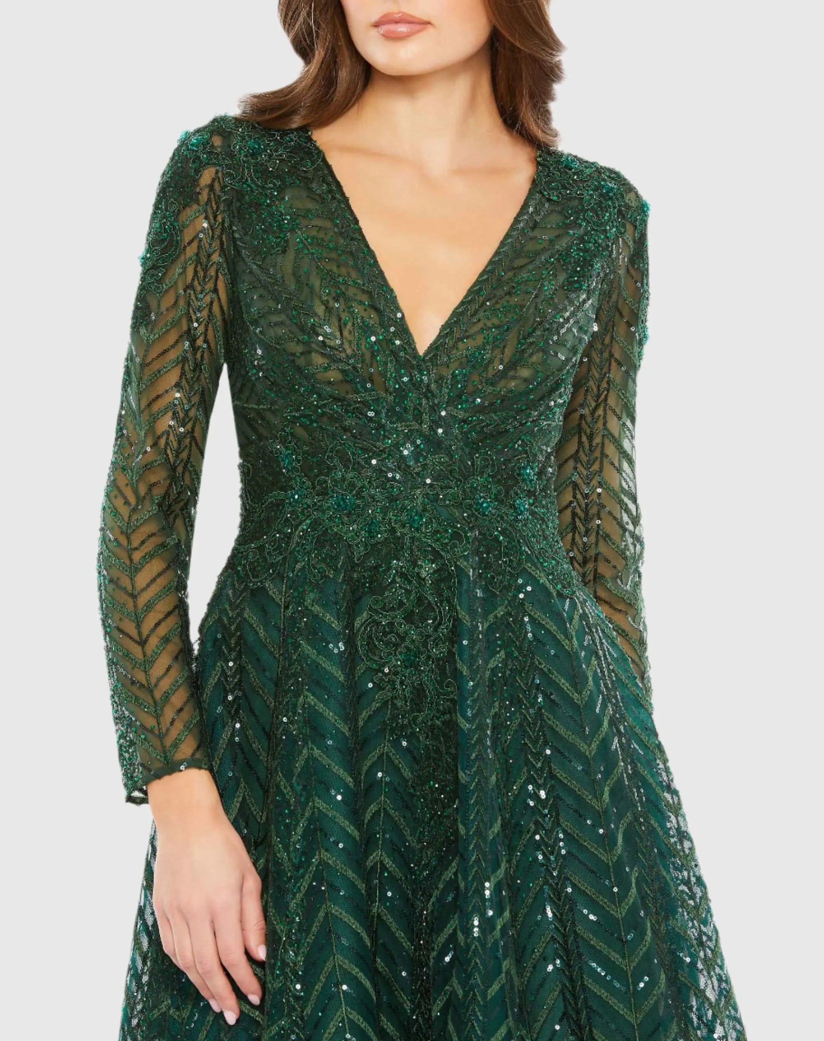 Green Embellished Long Sleeve Wrap Over Dress - Mac Duggal