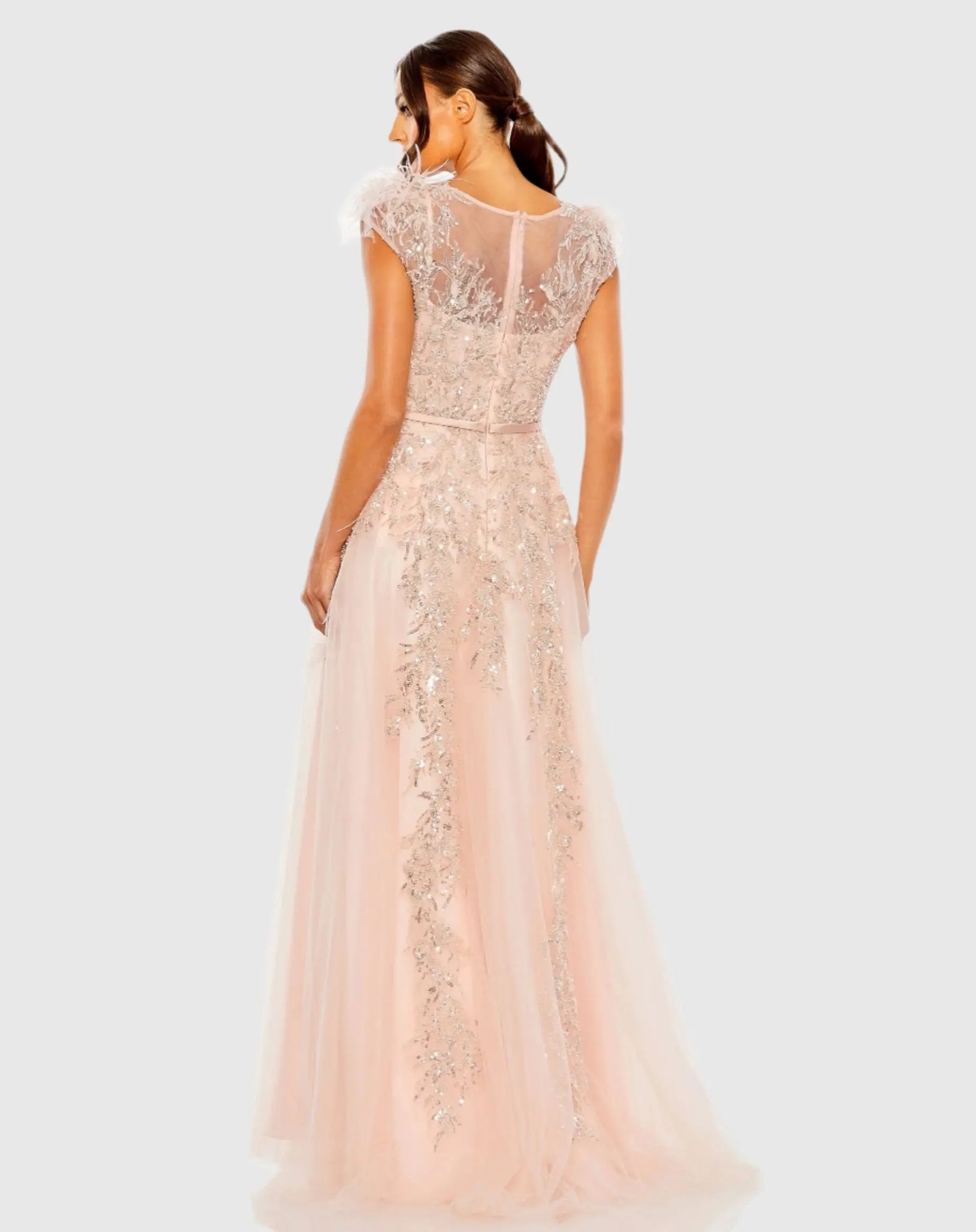 Pink High Neck Feather Detail Beaded Gown - Mac Duggal