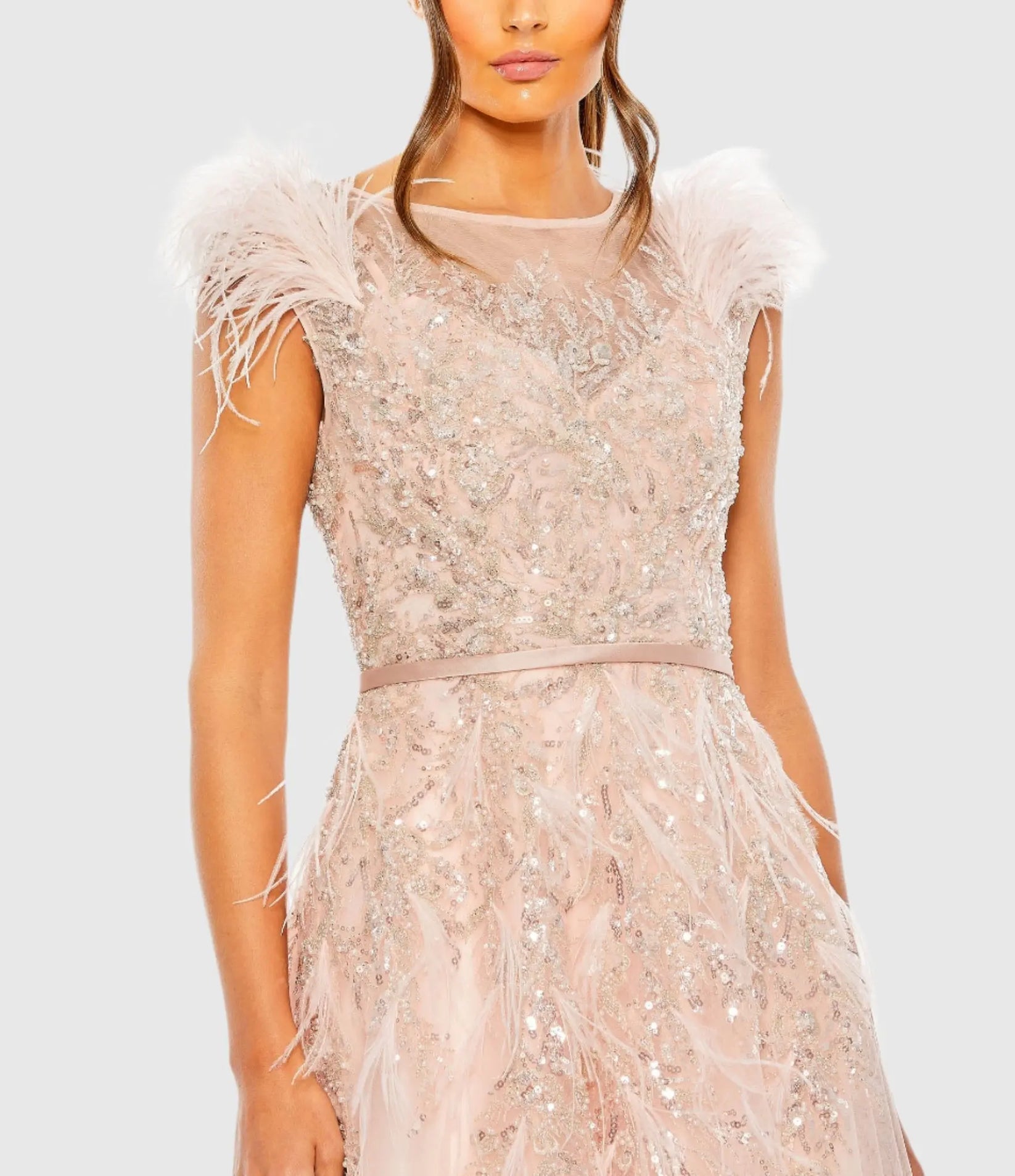 Pink High Neck Feather Detail Beaded Gown - Mac Duggal
