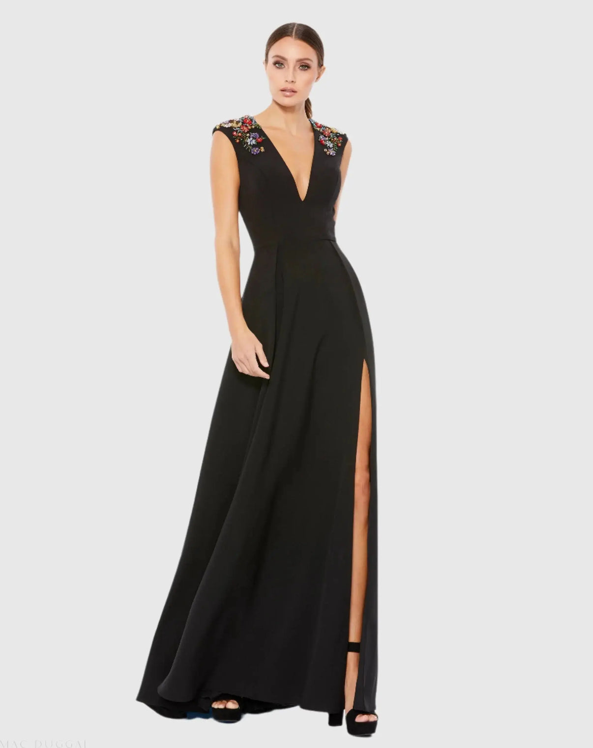 Black Beaded Cap Sleeve V Neck A Line Gown | Mac Duggal