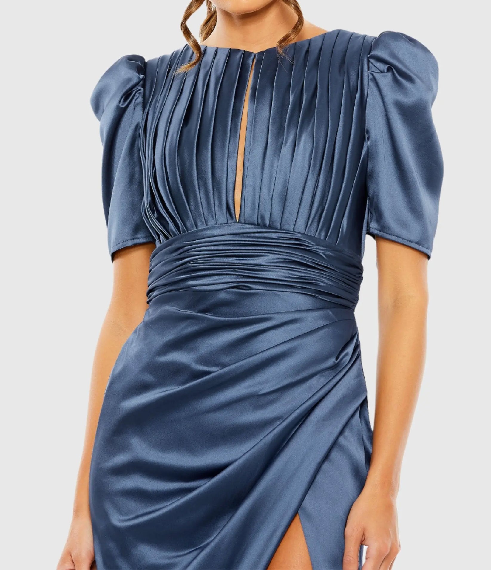 Blue Puff Sleeve Pleated Bodice Draped Gown | Mac Duggal