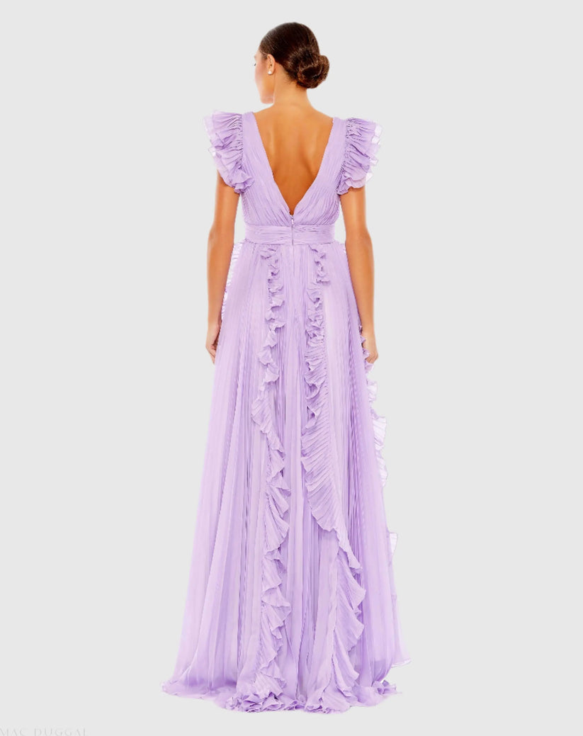 Purple Pleated Ruffle Cap Sleeve Flowy A Line Gown - Mac Duggal
