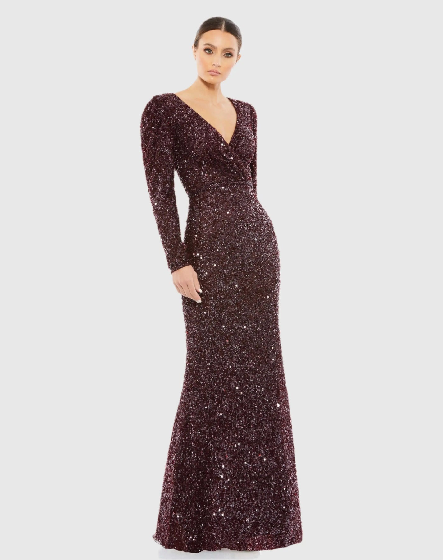 Red Puff Shoulder Sequined Surplice Gown - Mac Duggal