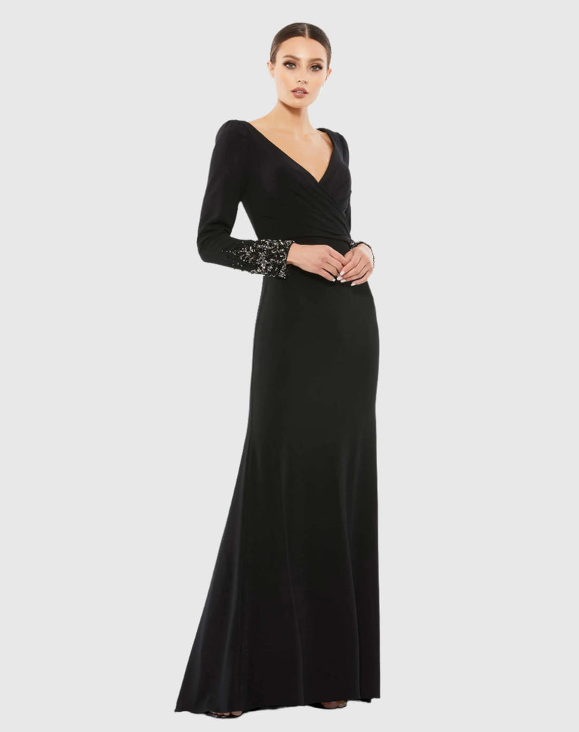 Beaded Cuff Long Sleeve Wrap Over Trumpet Gown - Mac Duggal