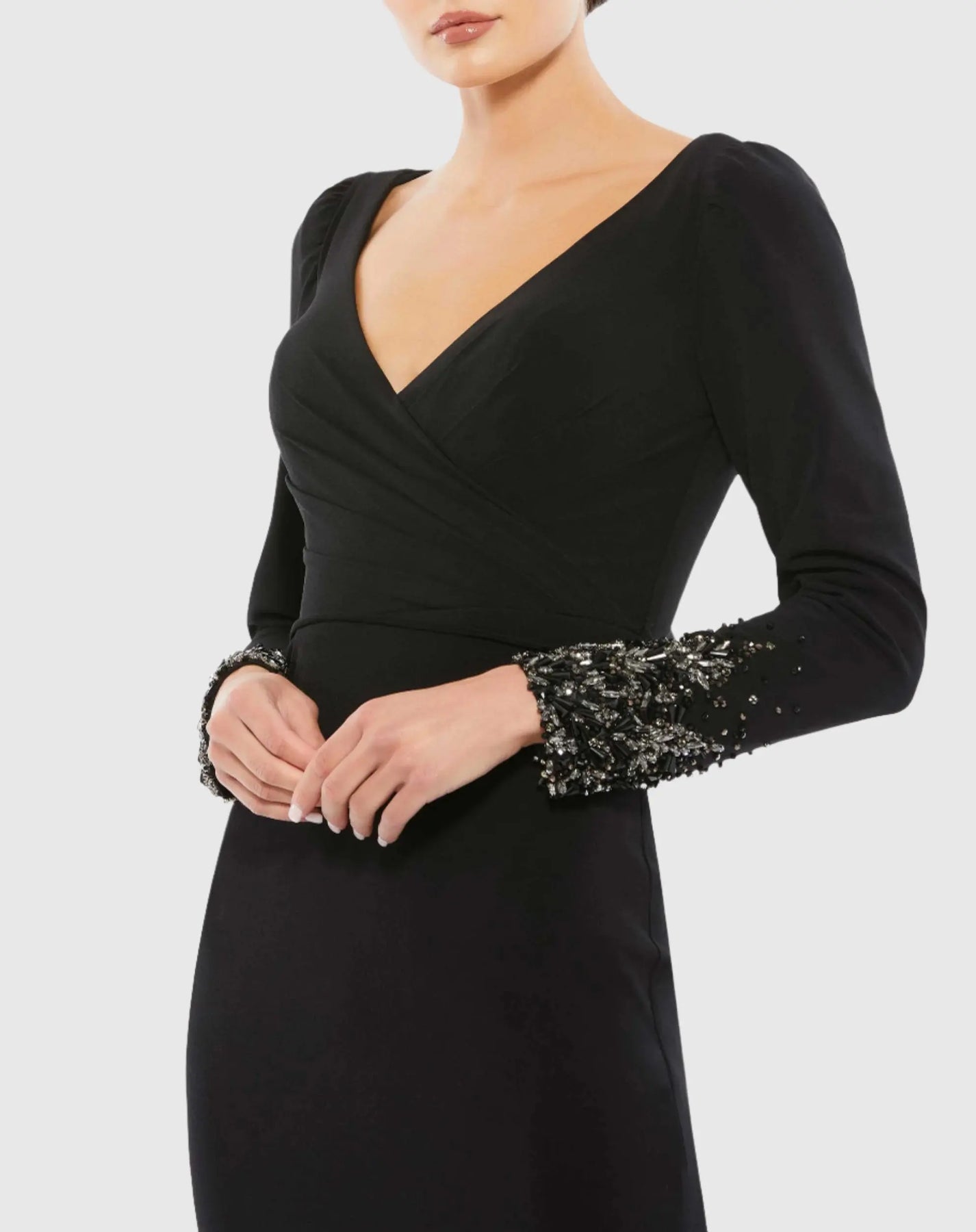 Beaded Cuff Long Sleeve Wrap Over Trumpet Gown - Mac Duggal