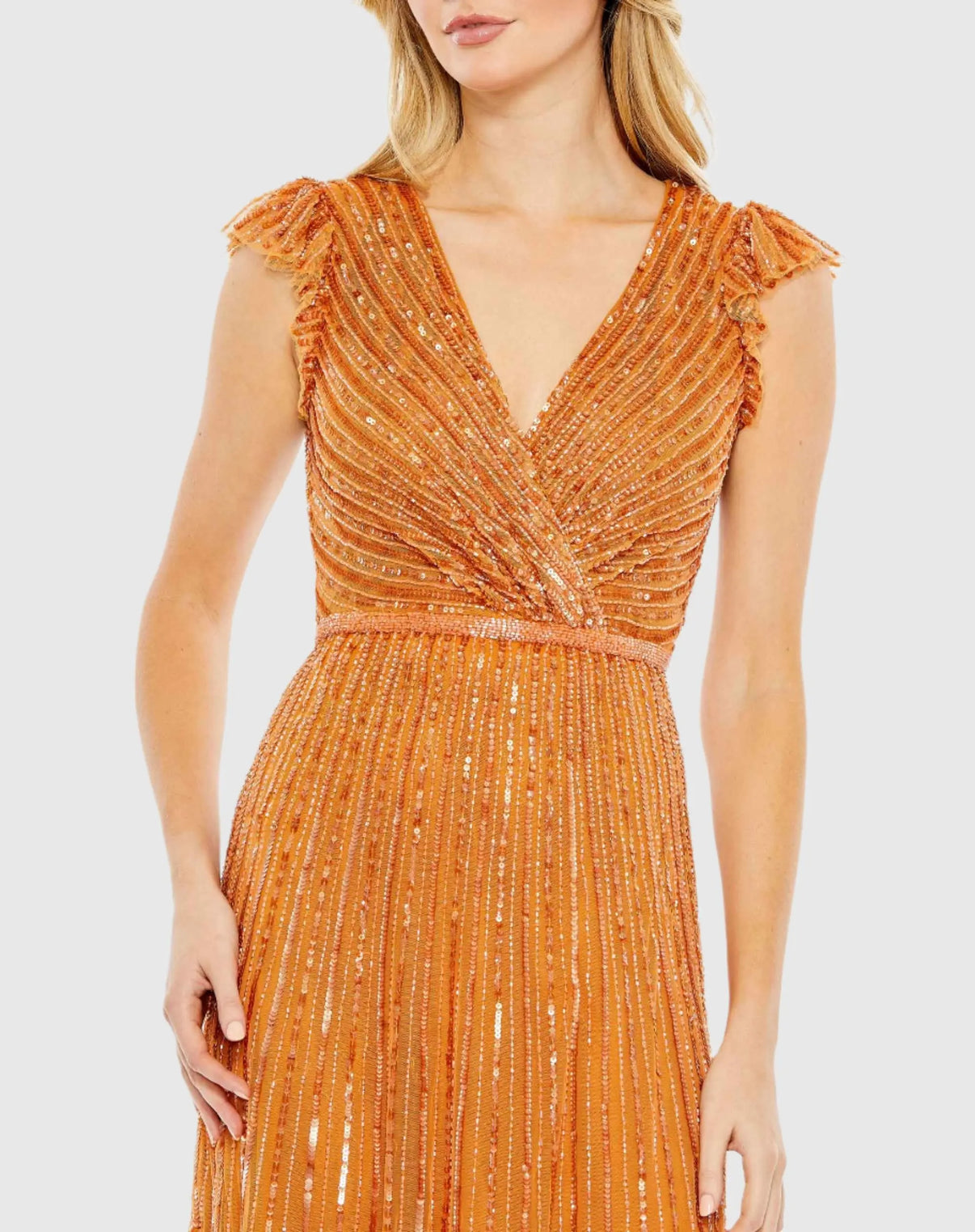 Orange Sequined Wrap Over Cap Sleeve Ruffle Hem Dress - Mac Duggal
