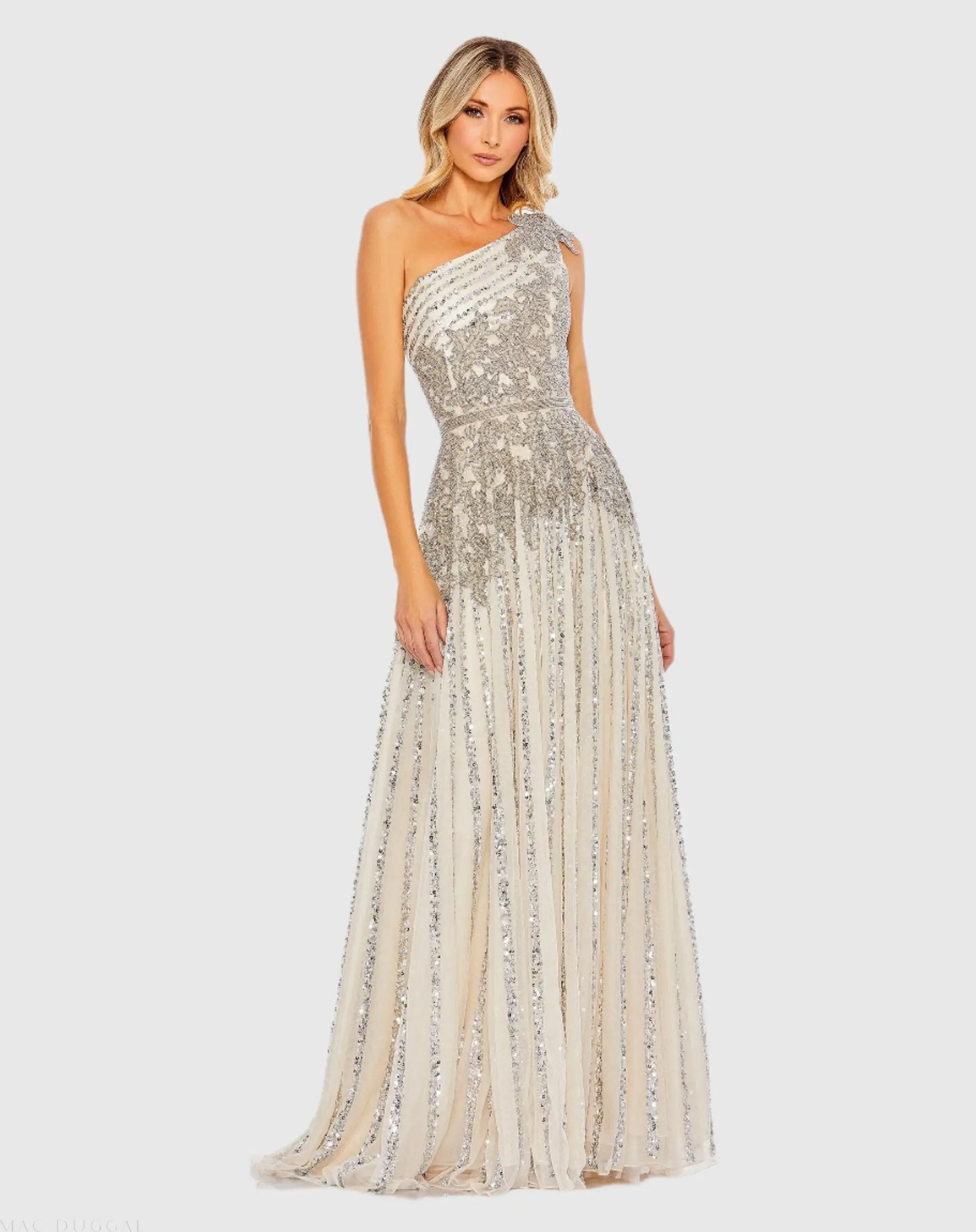Silver Beaded Embellished One Shoulder A Line Gown - Mac Duggal