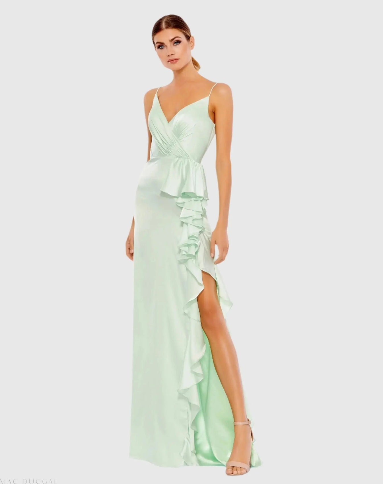 Light Green Satin Ruffled Asymmetrical Gown - Mac Duggal