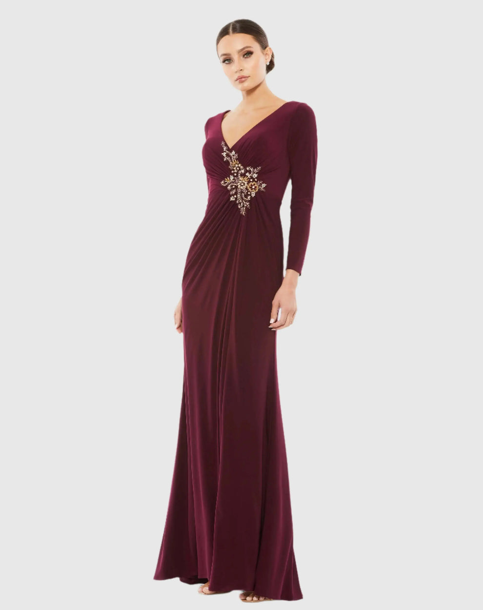 Red Faux Wrap Long Sleeve Evening Gown with Appliqué Detail | Mac Duggal