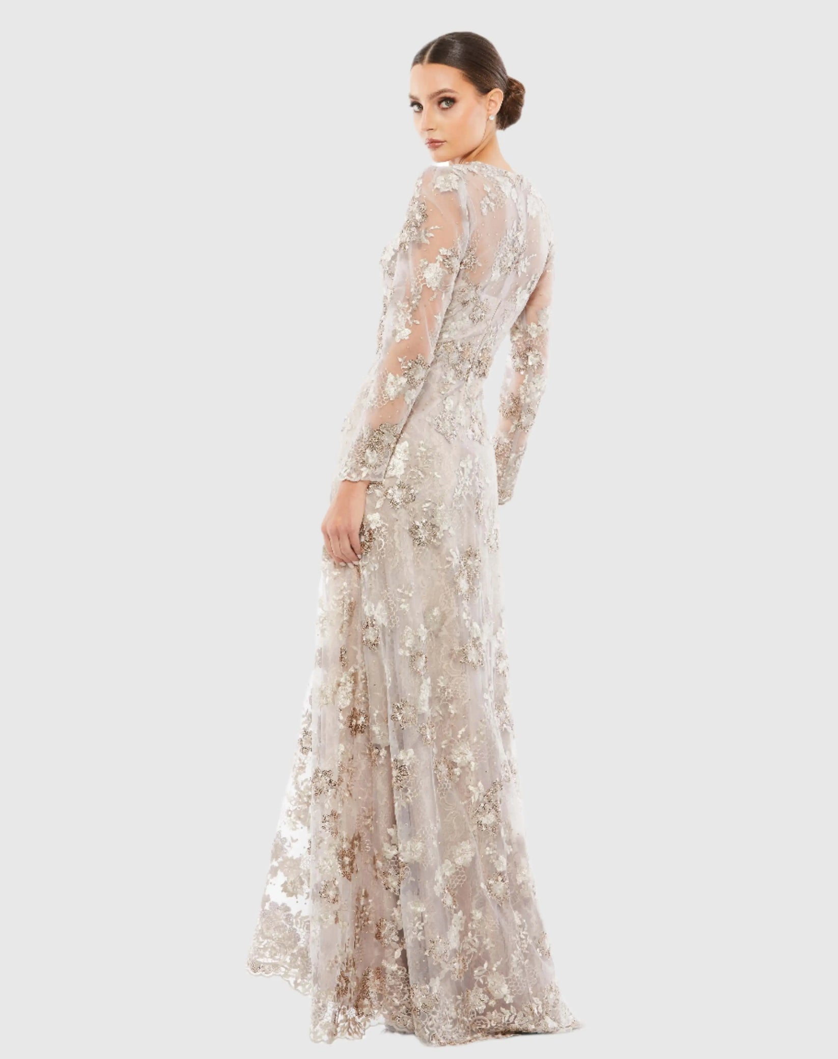 Floral Embroidered Illusion Long Sleeve Evening Gown - Mac Duggal