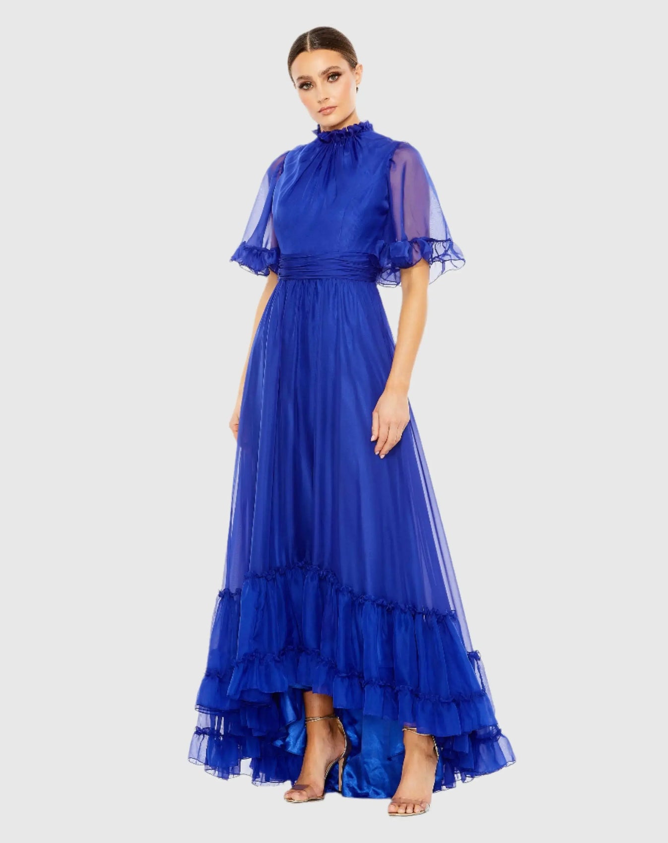 Blue Ruffled Mock Neck Flutter Sleeve High Low Hem Gown - Mac Duggal