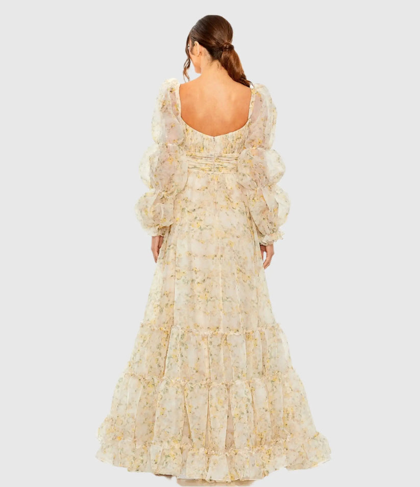 Multicolor Sweetheart Balloon Sleeve Chiffon Tiered Gown | Mac Duggal