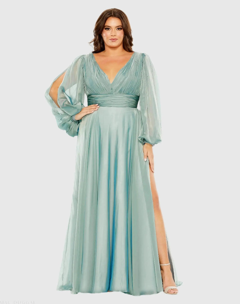 Blue Puff Sleeve w/ Embellished Cuff V Neck A Line Gown (Plus) | Mac Duggal