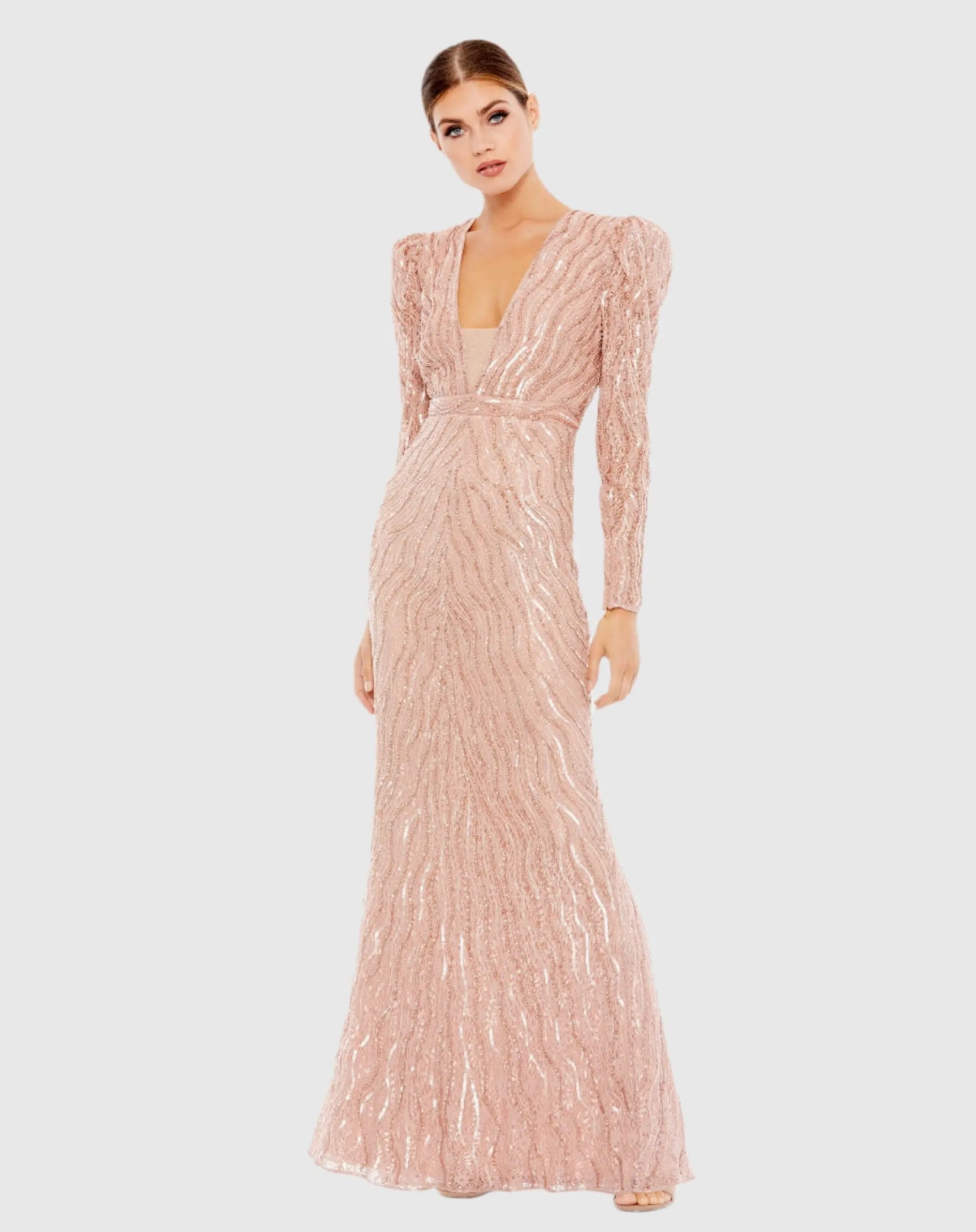 Pink Beaded Puff Sleeve Trumpet Evening Gown - Mac Duggal