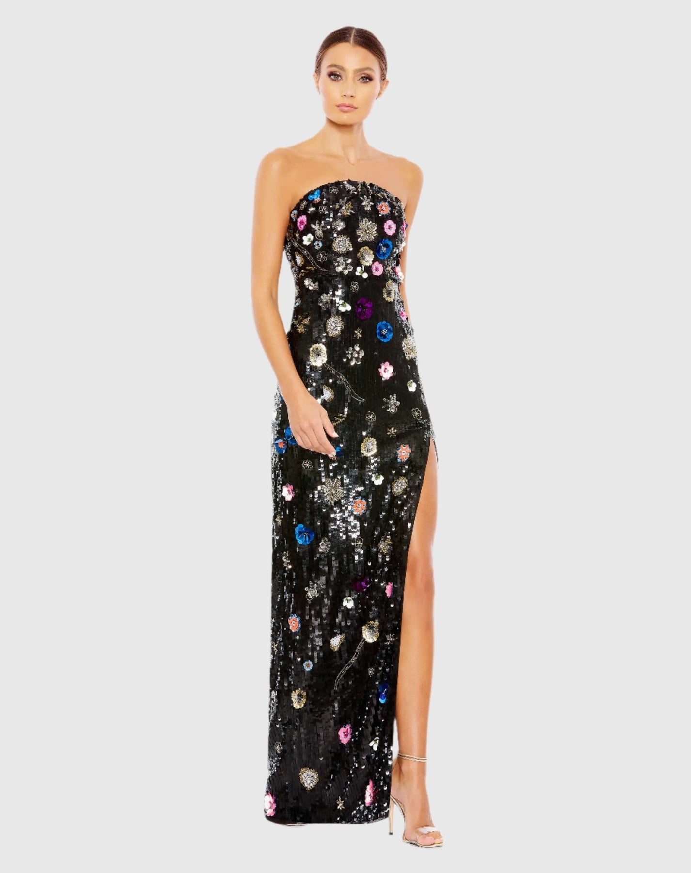 Black Floral Embellished Strapless Column Gown - Mac Duggal