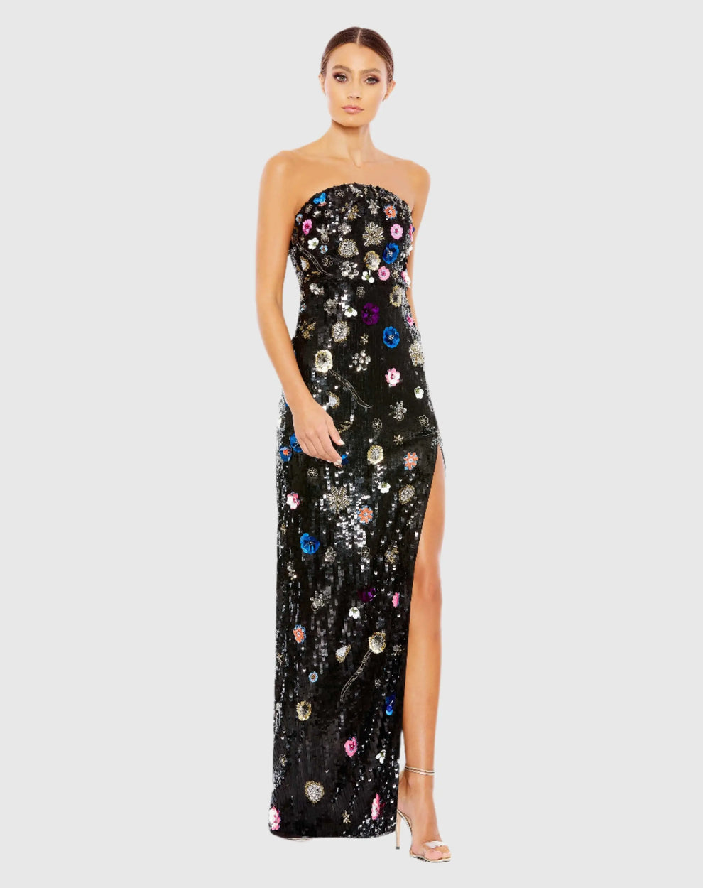 Black Floral Embellished Strapless Column Gown - Mac Duggal
