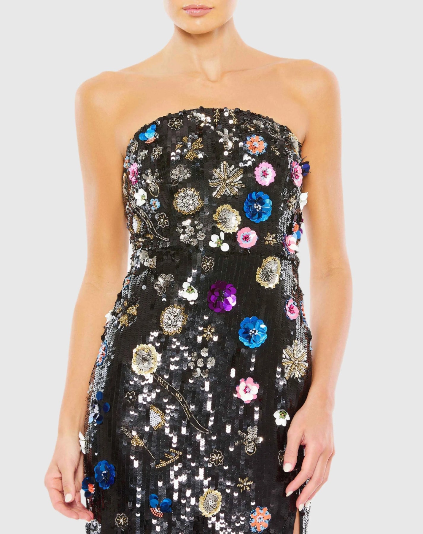 Black Floral Embellished Strapless Column Gown - Mac Duggal