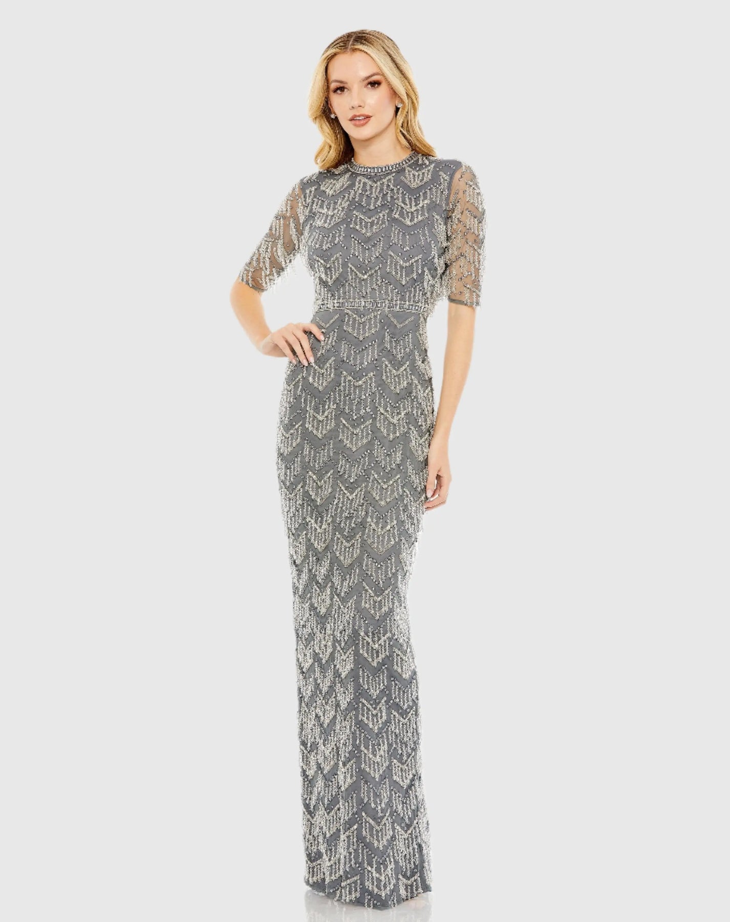 Beaded Fringe Quarter Sleeve Column Gown - Mac Duggal