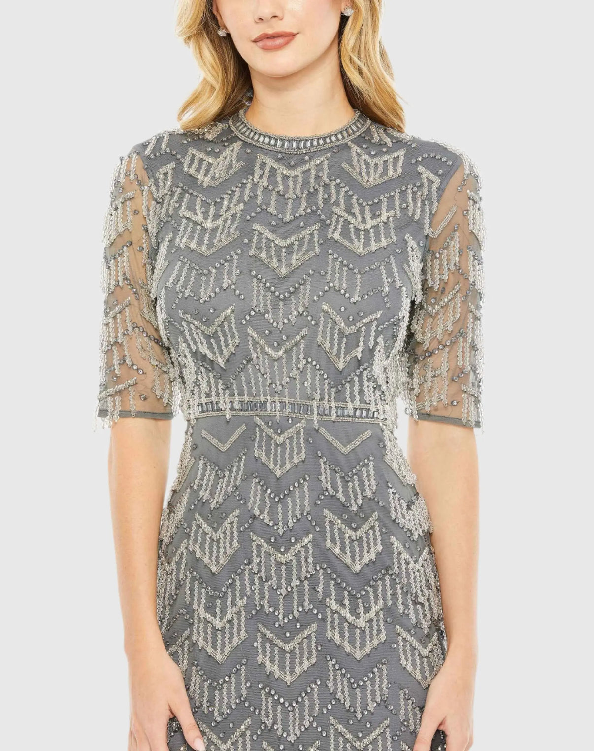 Beaded Fringe Quarter Sleeve Column Gown - Mac Duggal