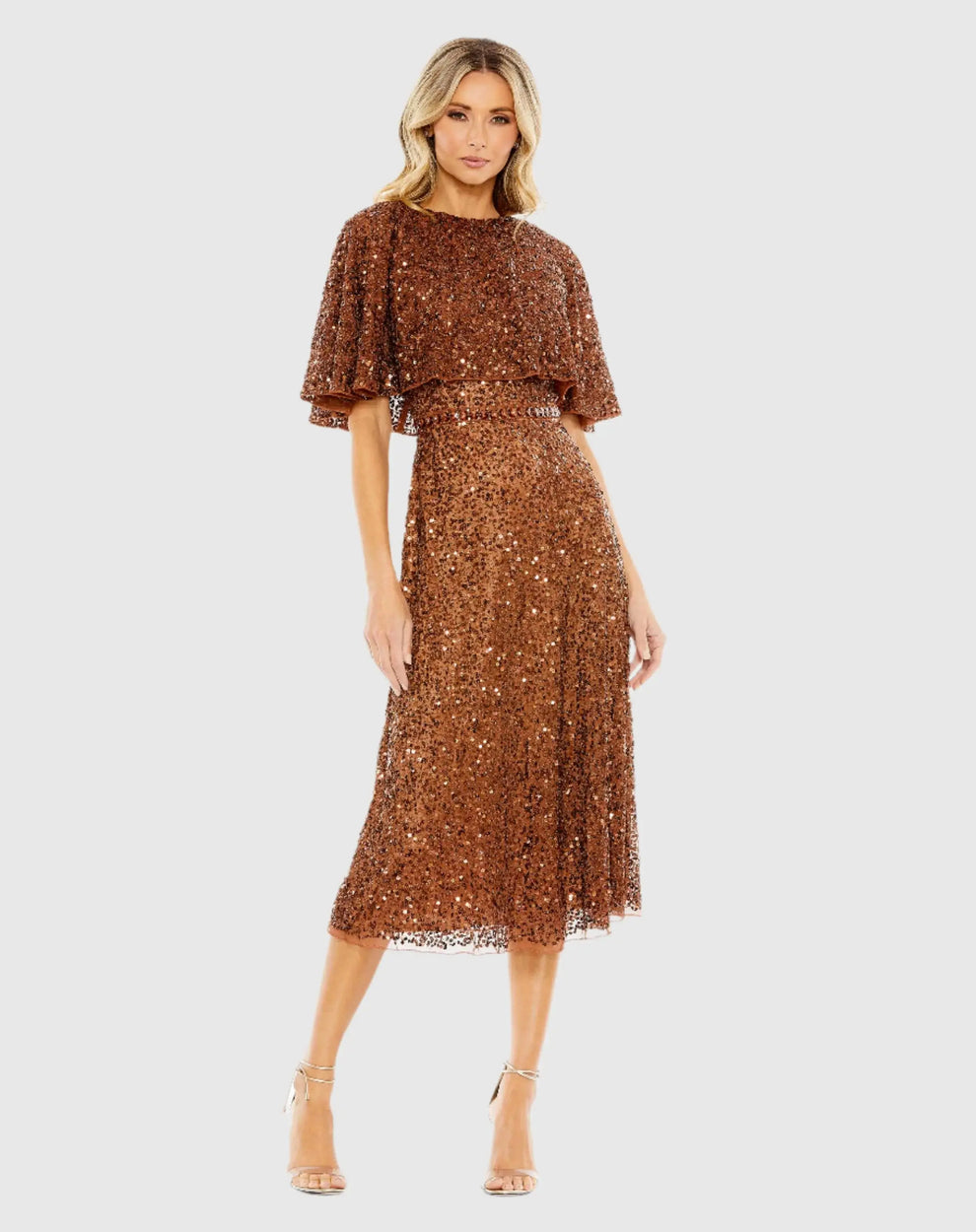 Brown Embellished Cape High Neck Midi Dress - Mac Duggal