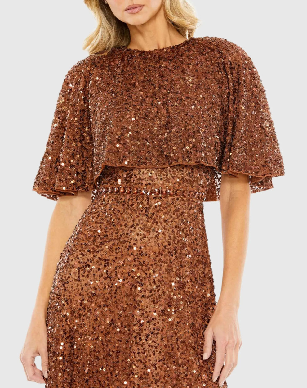 Brown Embellished Cape High Neck Midi Dress - Mac Duggal