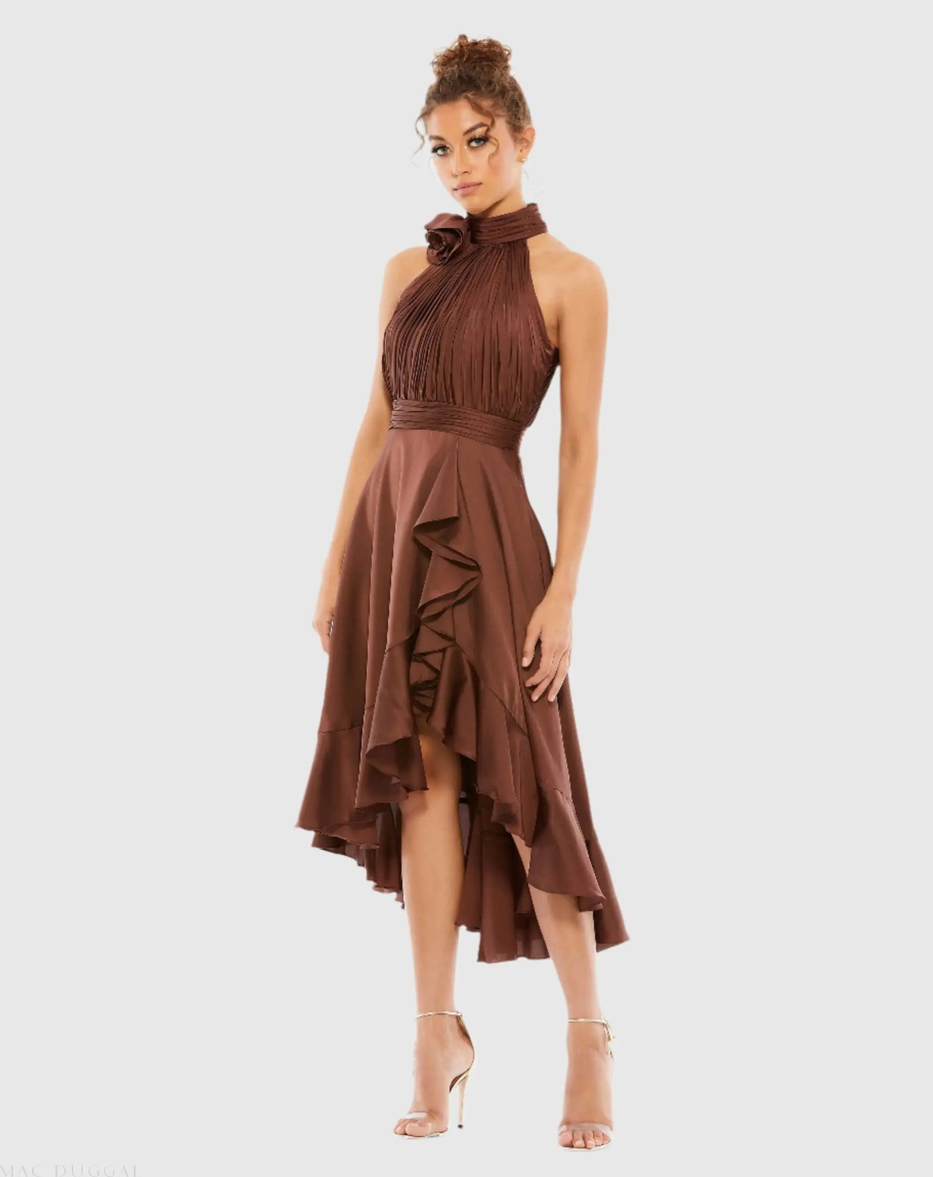 Brown Halter Neck Flower Detail Ruffled Midi Dress - Mac Duggal