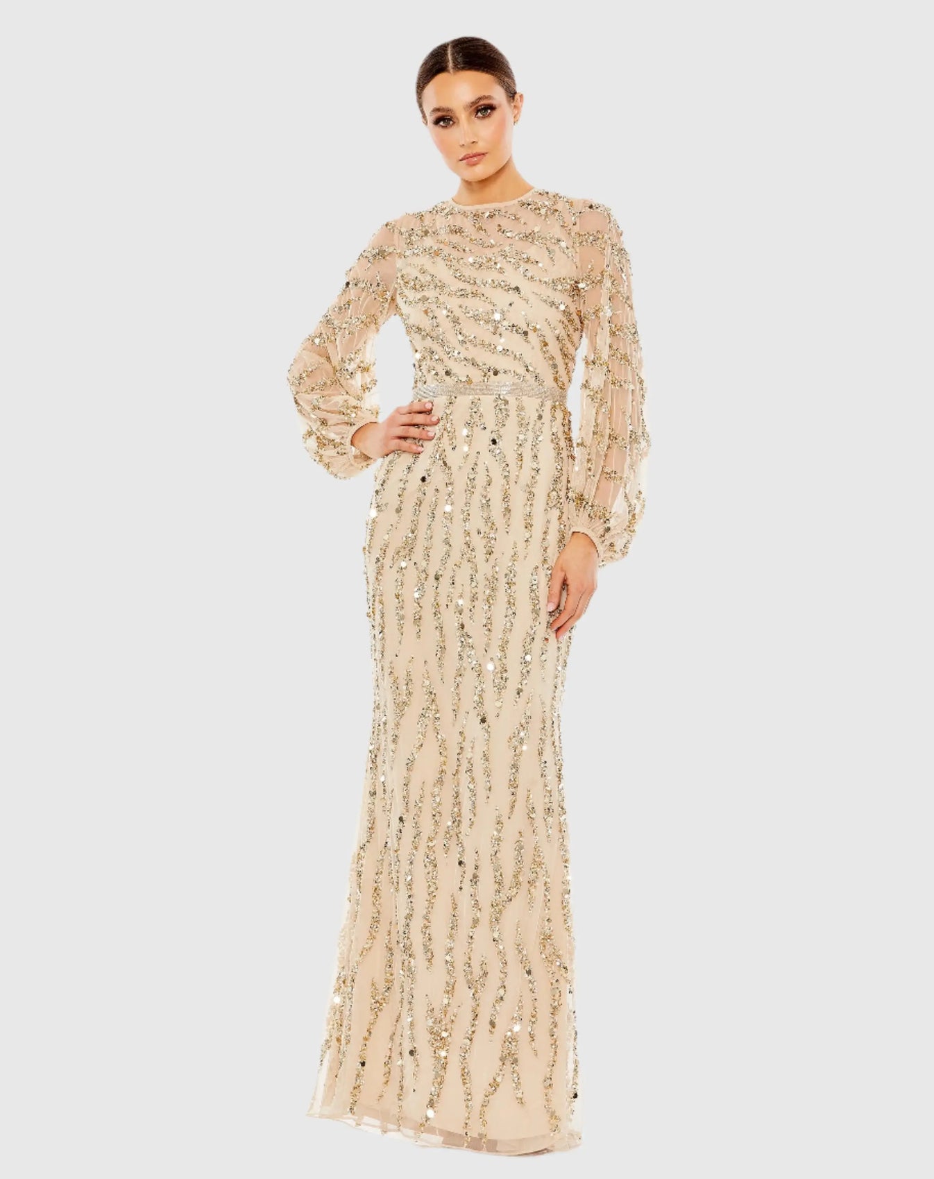 Embellished High Neck Puff Sleeve Trumpet Gown - Mac Duggal