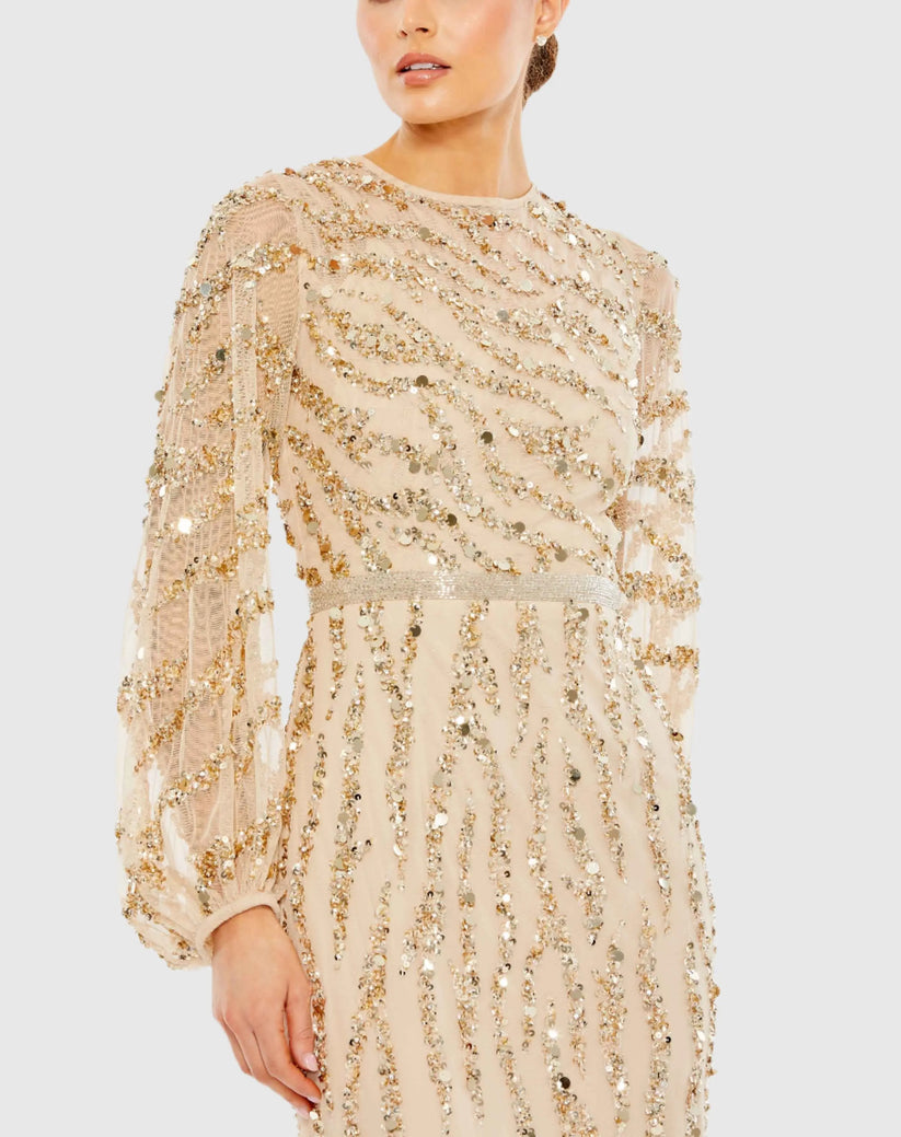 Embellished High Neck Puff Sleeve Trumpet Gown - Mac Duggal