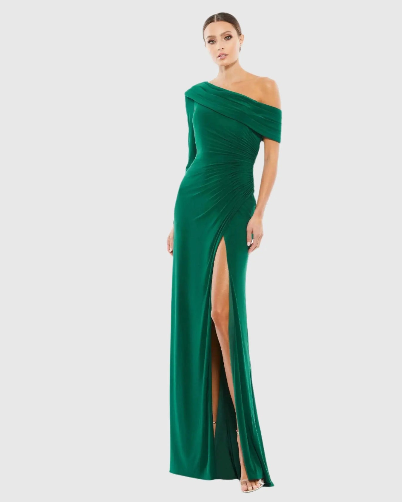 Green Ruched Jersey Drop Shoulder Foldover Gown - Mac Duggal