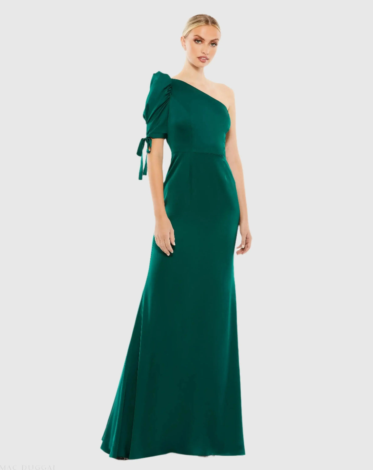 Green Satin One Shoulder Puff Sleeve Trumpet Gown - Mac Duggal