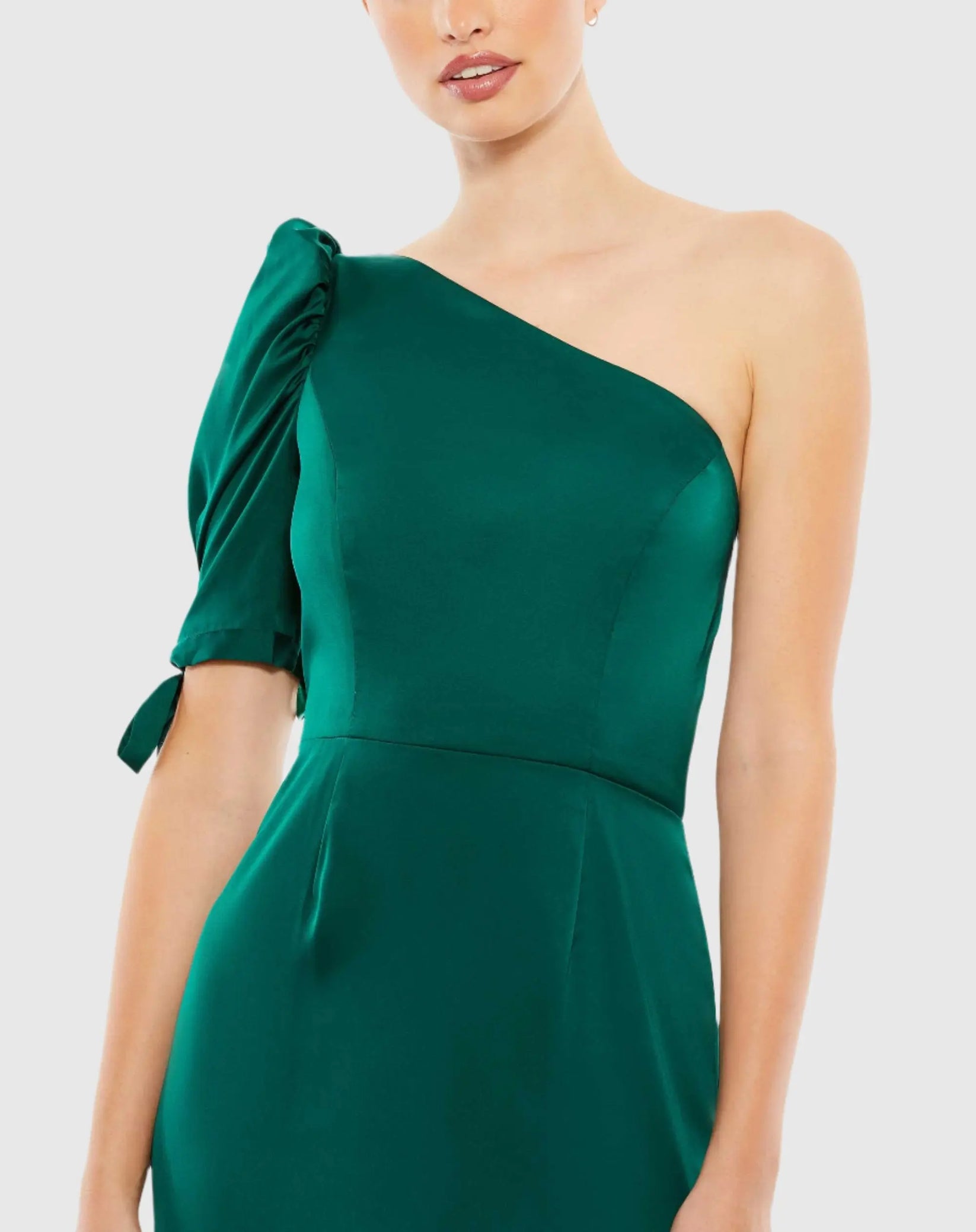 Green Satin One Shoulder Puff Sleeve Trumpet Gown - Mac Duggal