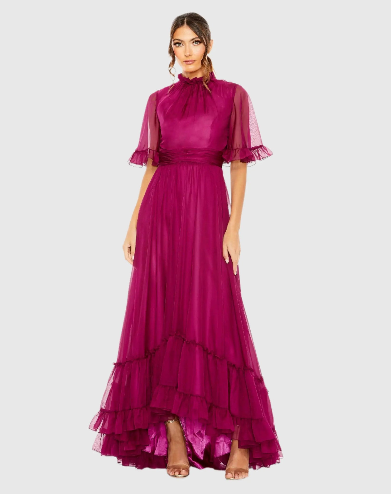 Purple Ruffled Mock Neck Flutter Sleeve High Low Hem Gown - Mac Duggal