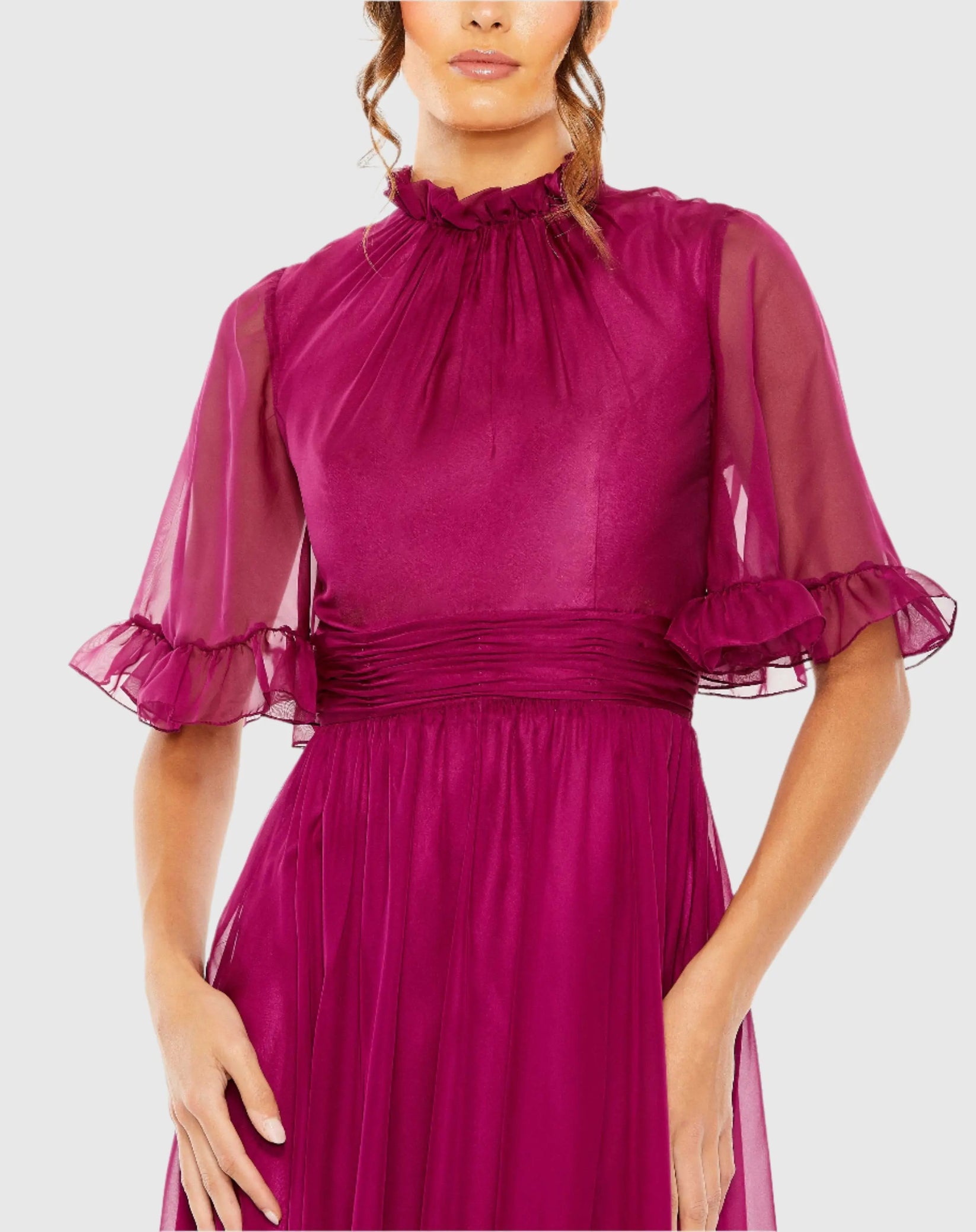 Purple Ruffled Mock Neck Flutter Sleeve High Low Hem Gown - Mac Duggal
