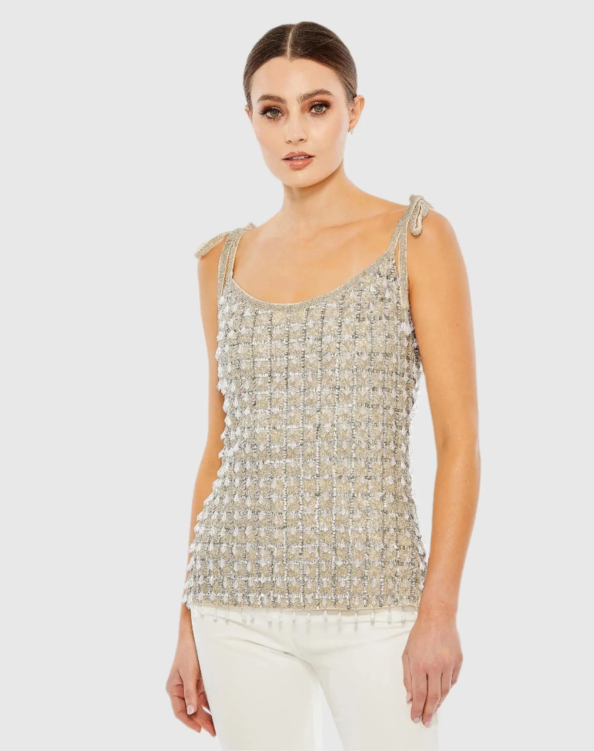 Silver Crystal Embellished Soft Tie Cami Top - FINAL SALE - Mac Duggal