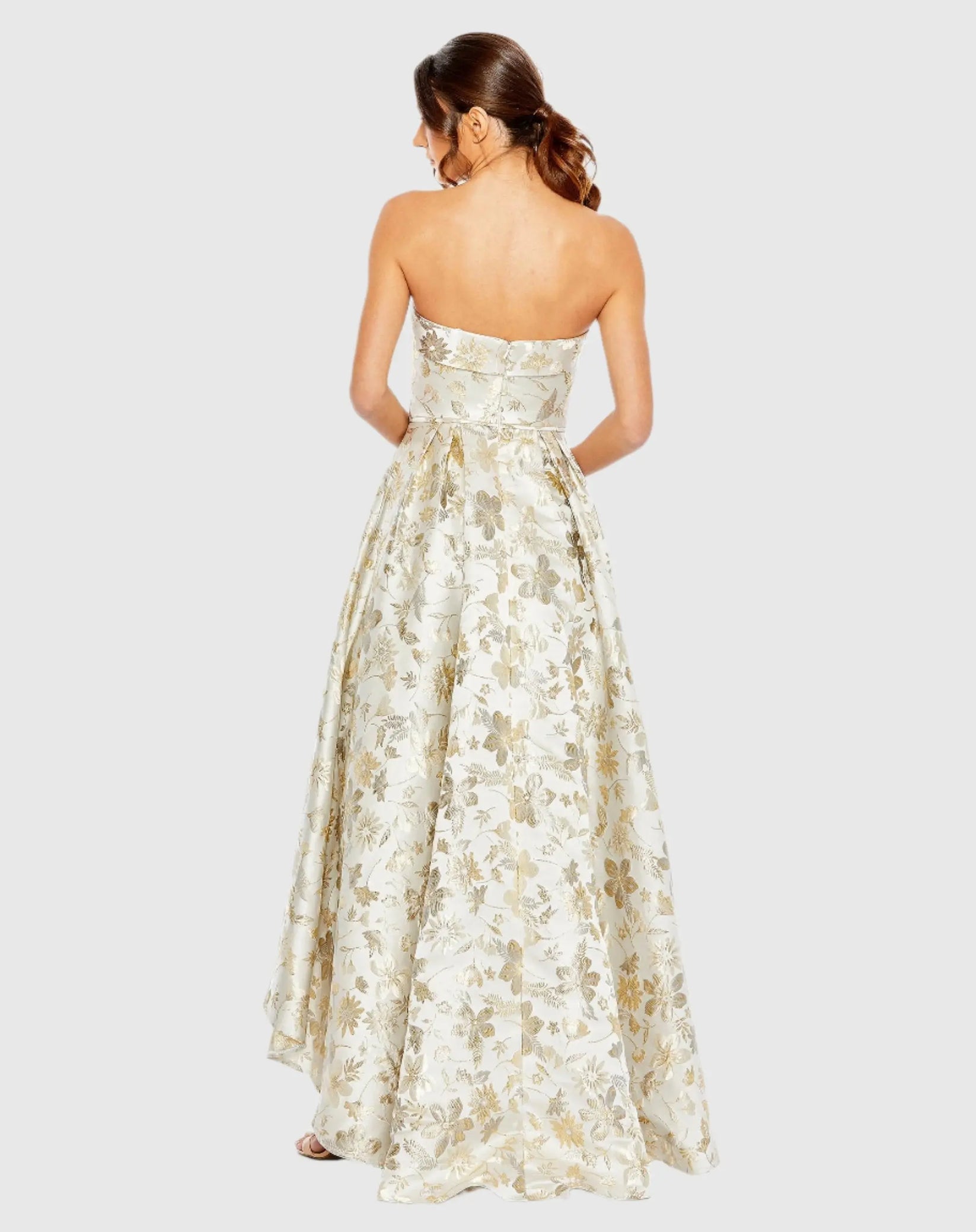 Brocade Strapless Golden Floral High Low Dress – Mac Duggal