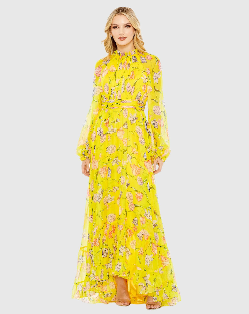 Floral Print Chiffon Ruched Raglan Sleeve Gown - Mac Duggal